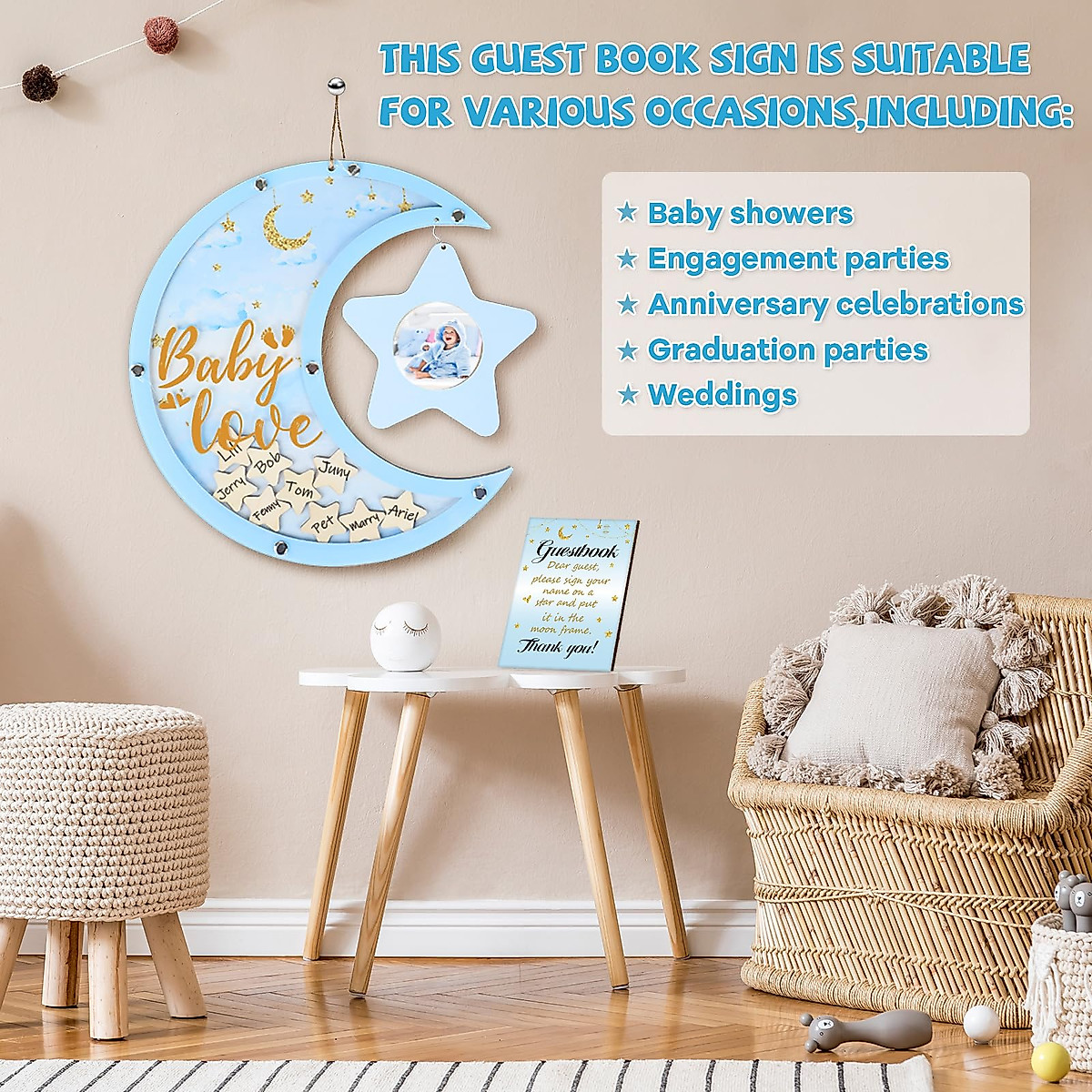 Baby Shower Guest Book Alternatives Moon Guest Book for Baby Shower Guest Book Frame with Star Baby Shower Decorations Guest Book Alternative for Wedding Boys Girls Birthday Party Keepsake(Blue)