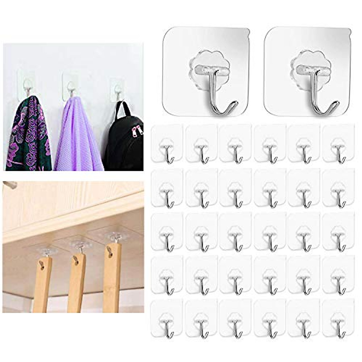 30 PCS Adhesive Hooks Wall Hanger Hook 13lb(Max), Bathroom Kitchen Transparent Reusable Seamless Scratch Wall Hooks for Bathrobe Coats Ceiling Hanger,Hanging Waterproof Plastic Hooks