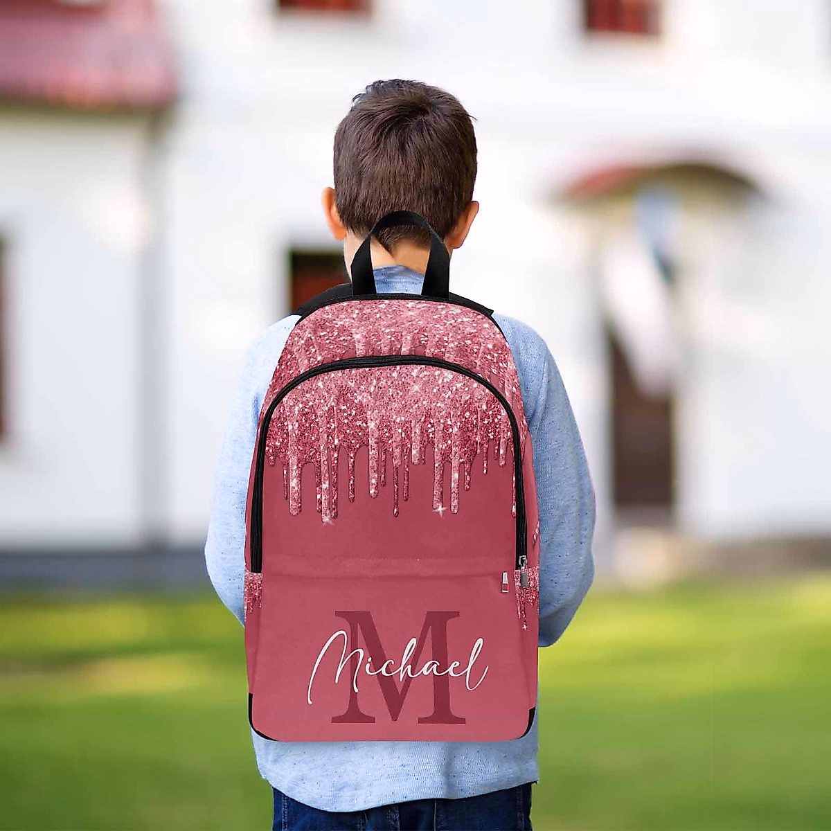 Personalized School Backpack for Daughter Son Custom Red Shinning Glitter Initial Casual Daypacks Lunch Tote Bag Customized Travel Book Bag with Name Knapsack Schoolbag for Teens Boys Girls College
