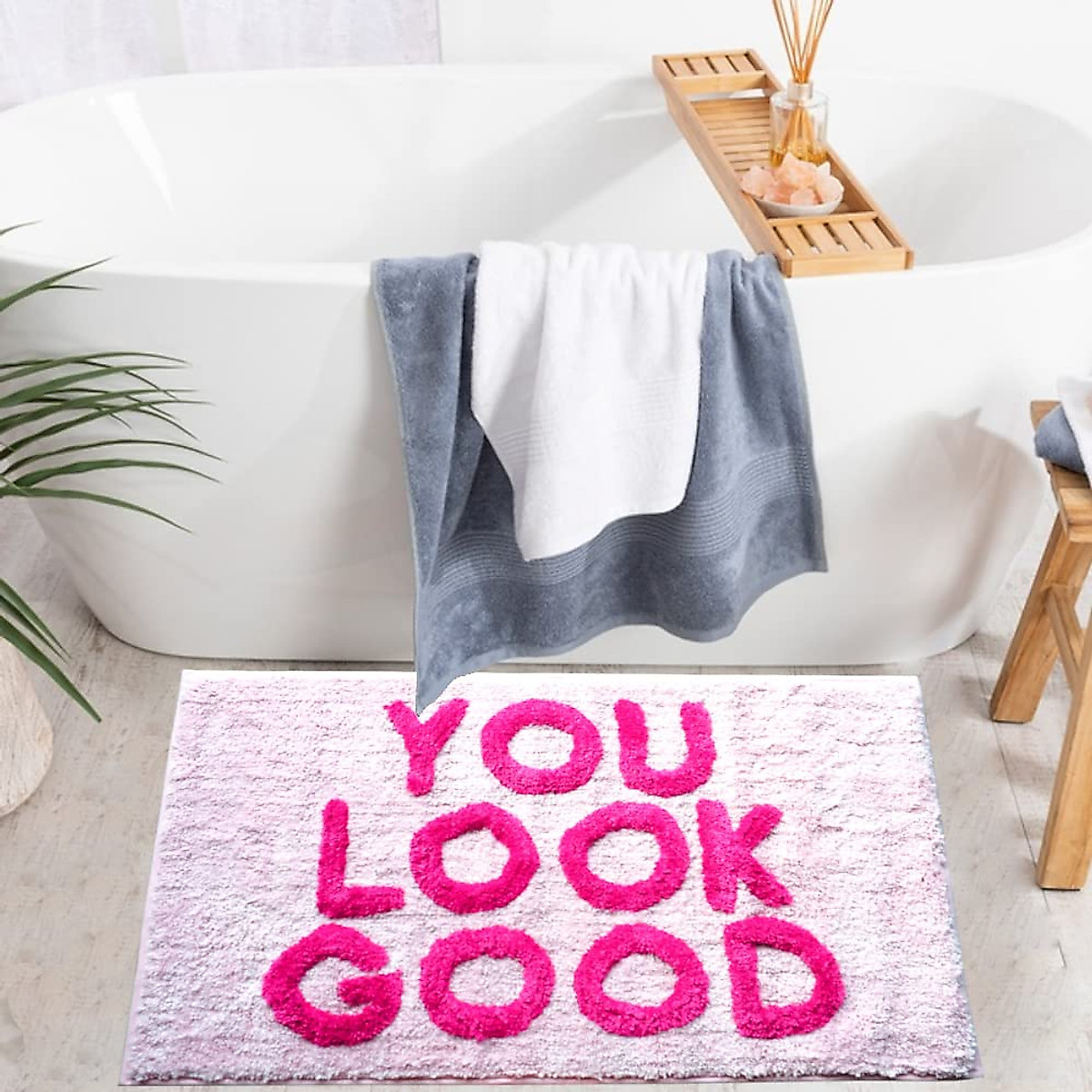 You Look Good Bath Mat Funny Cute Bathroom Rugs for Girls Hello Gorgeous Beautiful Funny Shower Fun Bathroom Decor Non-Slip Washable Kids Women Light Pink Blush Hot Pink