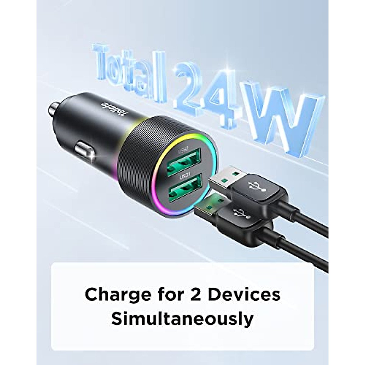 Car Charger, TOLLEFE 24W 4.8A Dual Port Cigarette Lighter Fast USB Car Charger RGB LED Light Car Charger Adapter Compatible with iPhone 14 Pro Max/13/12/11,Samsung S22/S21/S10/S9/S8