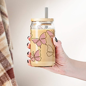 GSPY Butterfly Iced Coffee Cup, Cute Glass Cups with Lids and Straws - Butterfly Gifts for Women, Girls - Mothers Day Gifts for Friend, Cute Mugs Aesthetic Coffee Cup, Butterfly Mug Tumbler