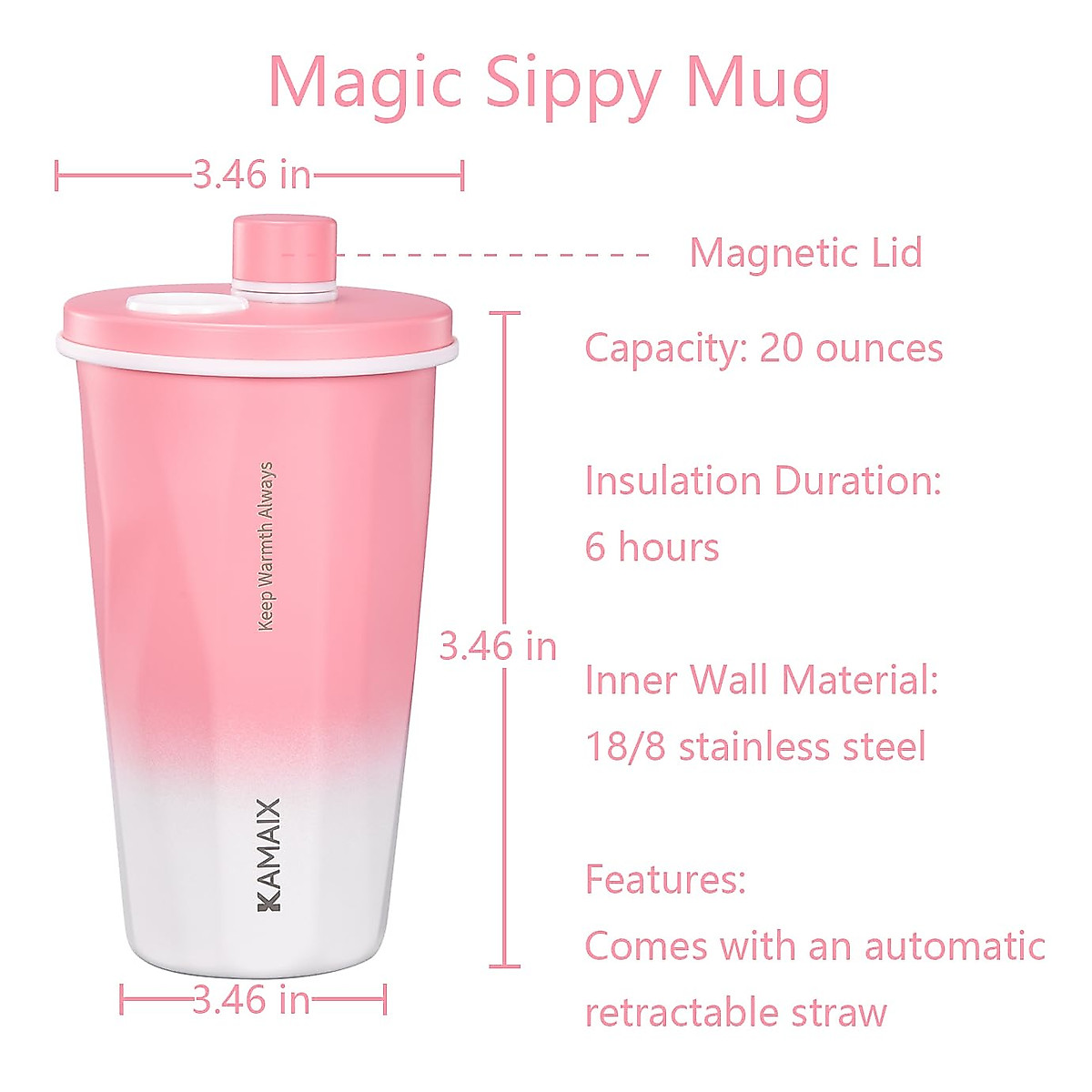 Reginsnow 20oz Insulated Coffee Mug with Lid, Double Wall Stainless Steel Vacuum Insulated Tumbler Cup, Travel Coffee Cup Thermal Cup for Home and Office, Outdoor & Car - Pink to White