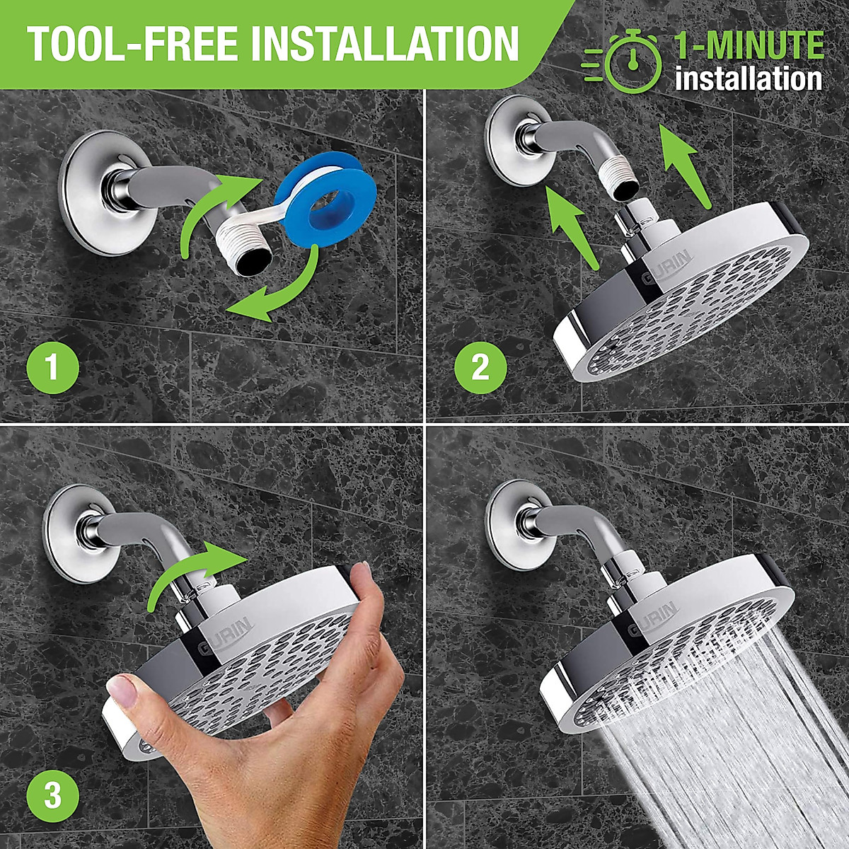 GURIN Shower Head High Pressure Rain, Luxury Bathroom Showerhead with Chrome Plated Finish, Adjustable Angles, Anti-Clogging Silicone Nozzles (2.5 GPM)