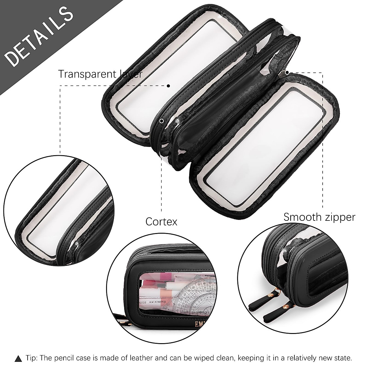 EMUFOOK Clear Pencil Case Aesthetic Large Capacity Pencil Pouch With Zipper Simple Stationary Pencil Bag Transparent Pen Case for School Teen Girl Boy Multi-Purpose Bag for Office Men Women, Black