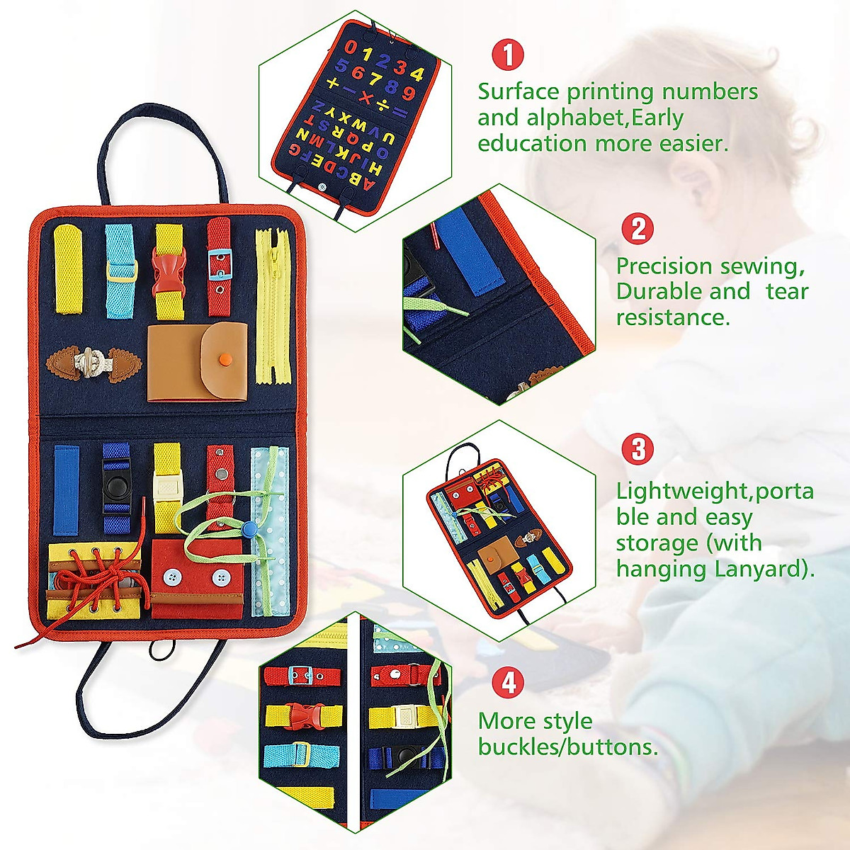 Busy Board for Toddlers Age 1-6, Montessori Early Education Activity Toddler Toys for Basic Skills Learning,Dress and Alphabet Spell Cognition, Bag Designed Enlighten Toy for Infants, Boys and Girls