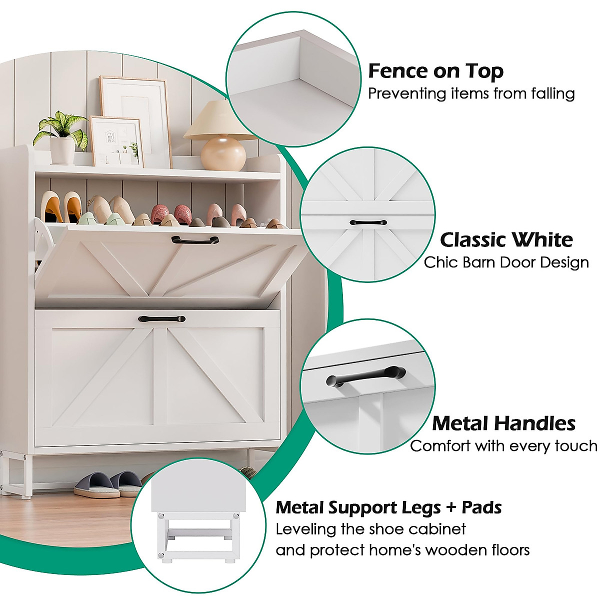 Betterhood Shoe Storage Cabinet with 2 Flip Drawers, Entryway Slim Shoe Rack Cabinet, Freestanding Hidden Shoe Organizer Cabinet with Metal Legs, White