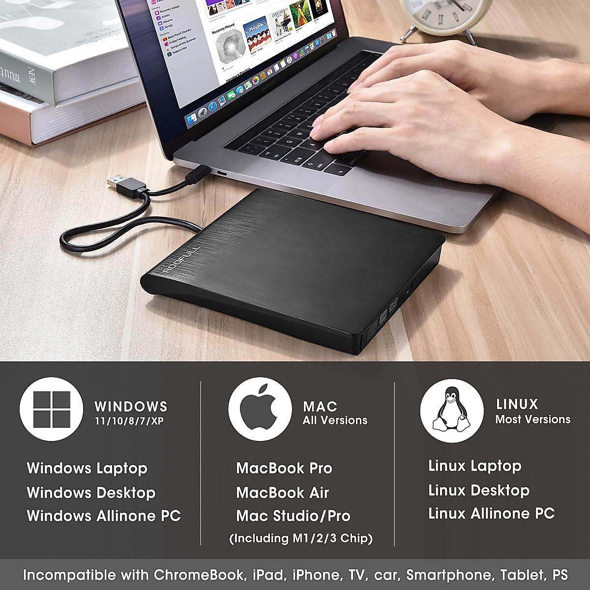 ROOFULL External CD DVD +/-RW Drive USB 3.0 & USB-C CD Burner DVD Player Reader Writer Optical Disc Drive with Carrying Case for Laptop Mac MacBook Pro/Air, Windows 11/10/8/7, Linux PC