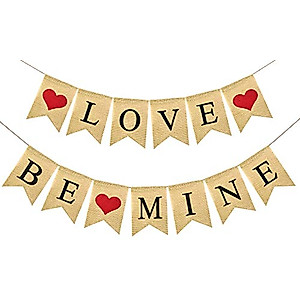 FAKTEEN Love and Be Mine Burlap Banner Garland with Hearts for Happy Valentine's Day Decorations, Rustic Wedding Anniversary Birthday Party Supplies