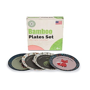 BeeBon Beauty Home Bamboo Plates for Kids - Set of 4 Pack Super Cute Dog, Dinosaur, Fox & Cat