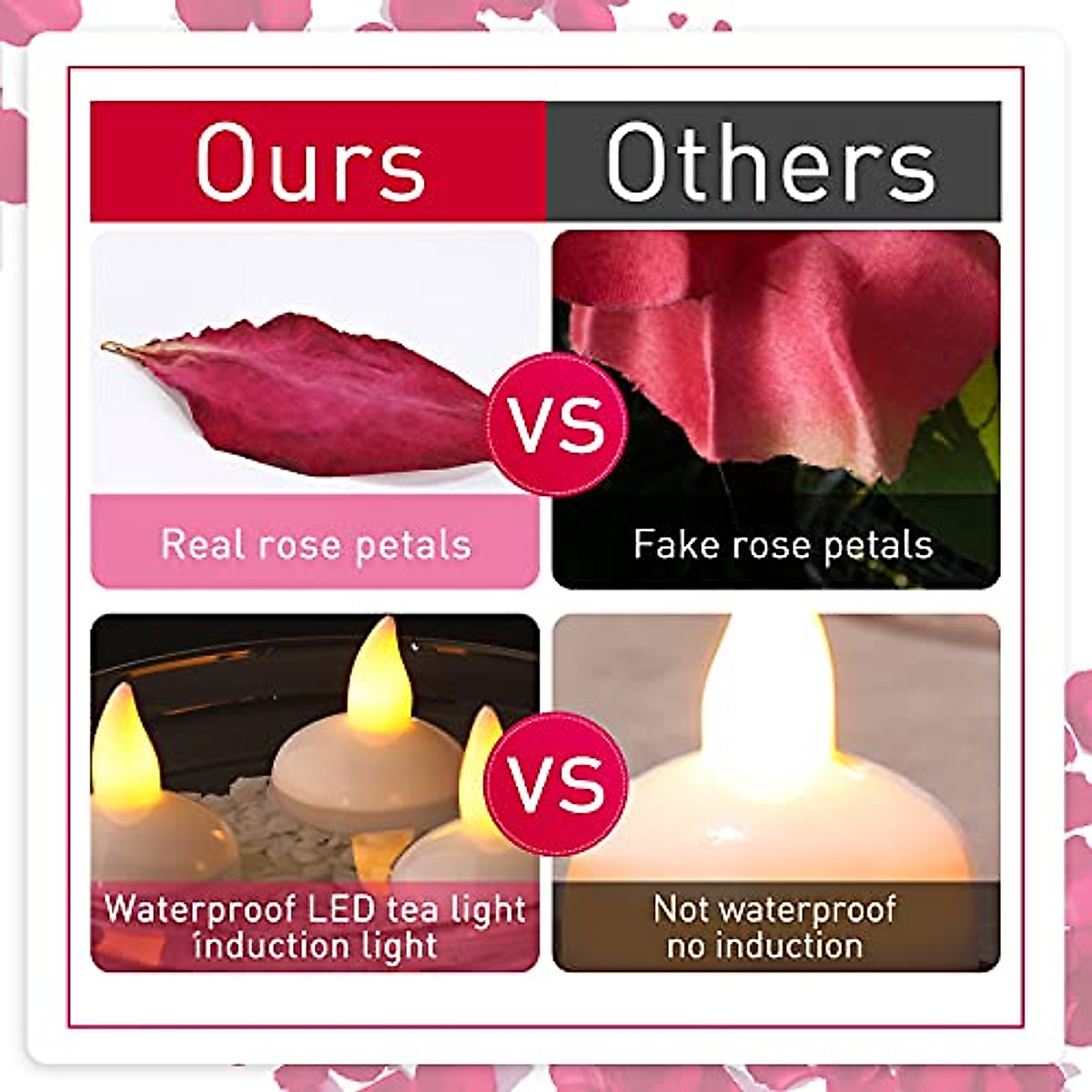 12 Pcs Flameless Floating Candles Tealights Valentine's Day Romantic Decor Waterproof Battery Candles with Dried Rose Petals for Birthday Anniversary Wedding Centerpiece SPA Party Supplies
