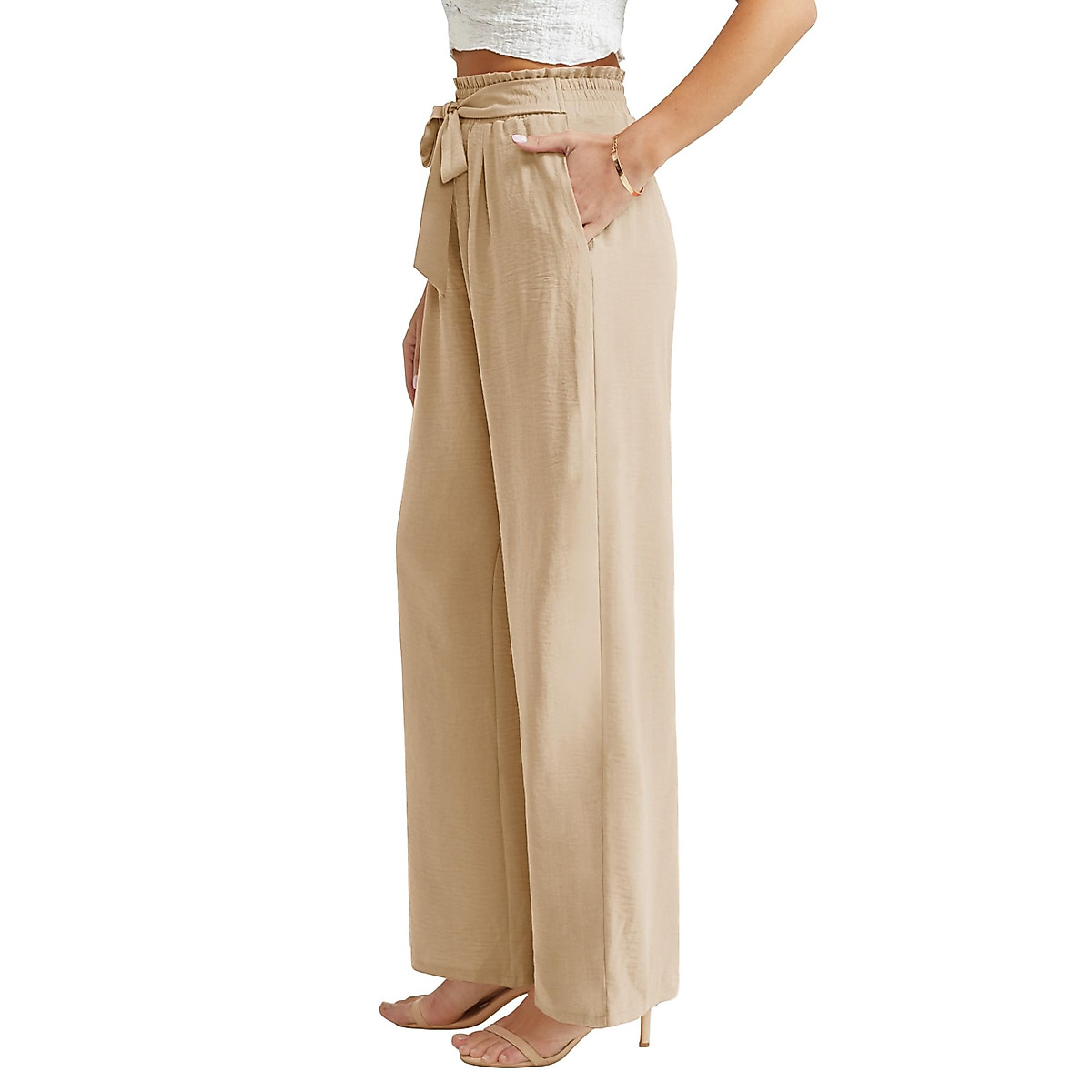 Feiersi Women Casual Wide Leg Pants High Waisted Business Work Casual Pants Loose Flowy Beach Palazzo Pants(Khaki,XX-Large)