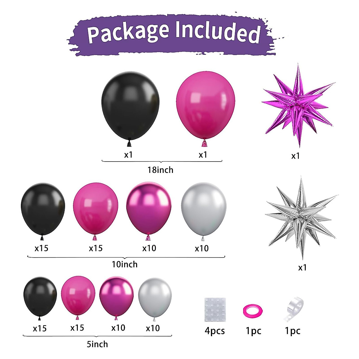 Black Pink Balloons Garland Arch Kit, Hot Pink Black Silver Balloons Arch With Star Balloons For Girls Birthday Engagement Anniversary Wedding Bridal Decoration