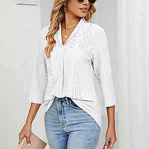 Loose Fitting Tops for Women 3/4 Sleeve Lace Crochet Lapel v Neck Shirts Casual Summer Business Work Office Blouse