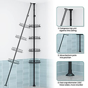 EZFurni Shower Caddy Corner, 4 Layer Shower Organizer, Rustproof Stainless Shower Shelves, Drill Free Shower Rack, Large Shower Storage and Shower Caddy Tension Pole,56-114 Inch, Black