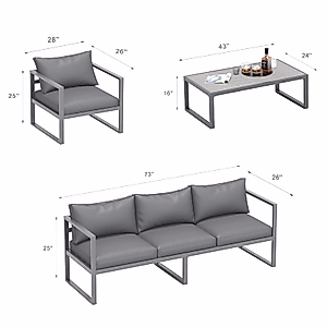 Esplorilo Outdoor Aluminum Metal Patio Furniture Set, 4 Piece Patio Conversation Sectional Sofa Sets with 5 Inch Thick Cushion & Coffee Table, Outdoor Couch Furniture for Patio,Backyard,Grey