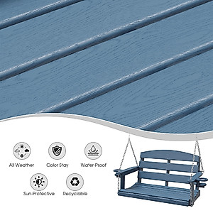 VICLLAX Outdoor Hanging Porch Swing, HDPE Patio Swing Chair with Cup Holders, 2 Seat Swing Chair Bench for Courtyard & Garden, 600LBS Weight Capacity, Dark Blue