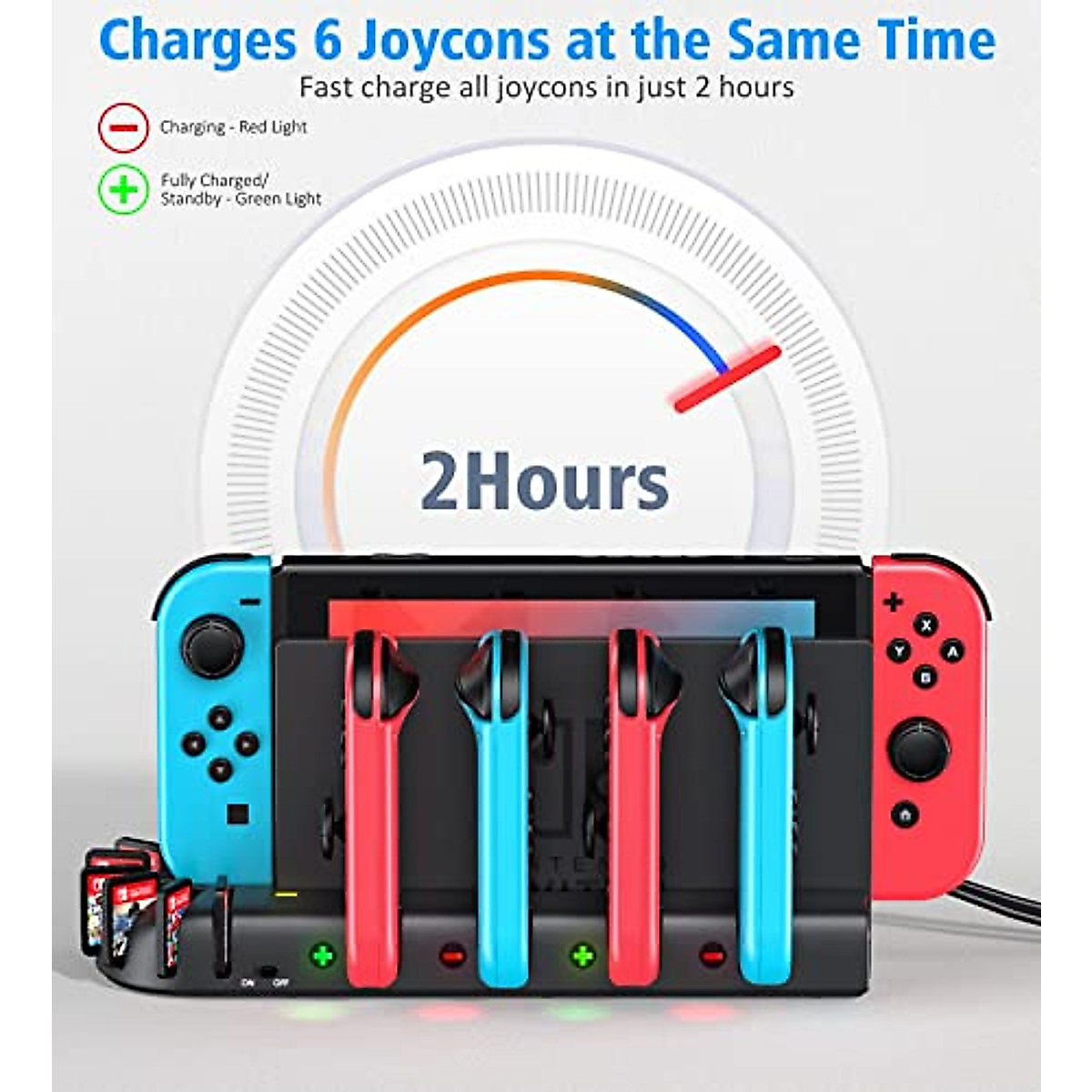 Switch Controller Charging Dock Station Compatible with Nintendo Switch & OLED Model Joycons, KDD Switch Controller Charger Dock Station with Upgraded 8 Game Storage for Nintendo Switch Joycon & Games