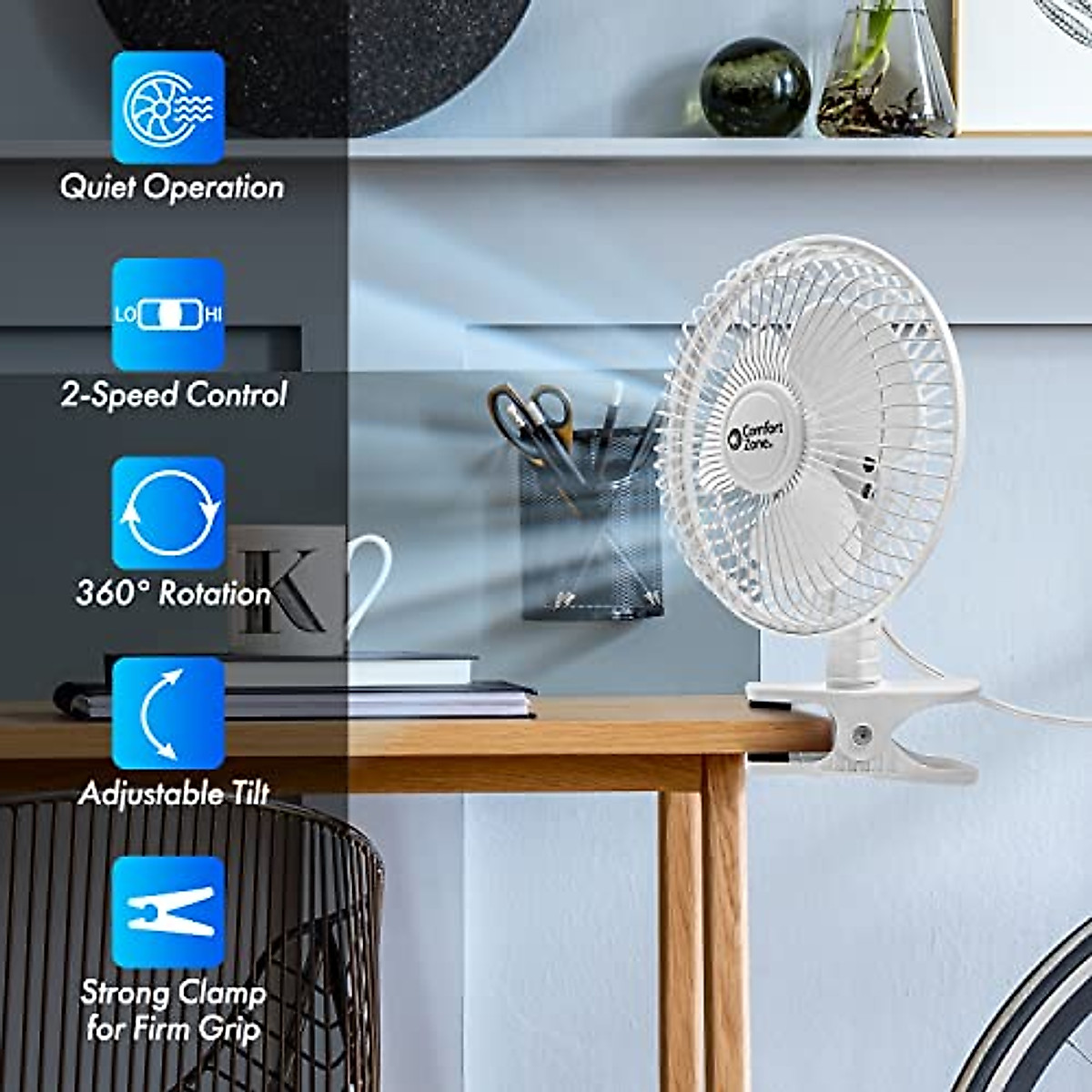Comfort Zone CZ6CBK 6" Quiet Portable Indoor 2-Speed Desk Fan with Clip and Fully Adjustable Tilt, Black