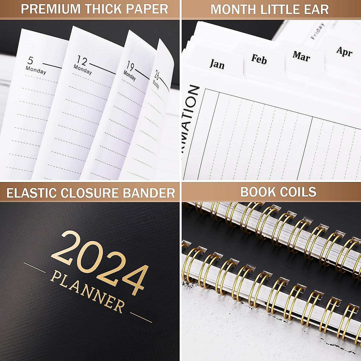 Planner 2024 - Planner/Calendar 2024, Jan.2024 - Dec.2024, 2024 Planner Weekly & Monthly with Tabs, 6.3" x 8.4", Hardcover + Back Pocket + Twin-Wire Binding, Daily Organizer - Mystic Black
