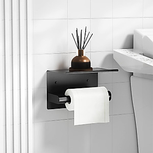 ASTOFLI Black Toilet Paper Holder with Shelf: Self Adhesive Toilet Paper Holder with Phone Shelf - No Drill Stainless Steel Toilet Paper Holders Wall Mount - Wall Mounted Tissue Roll Holder