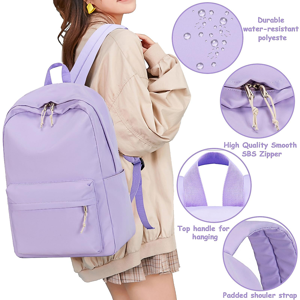 Bluboon School Backpack Set Girls Womens Laptop Bookbag Casual Daypack Fits 15 inch Laptop with Lunch Tote Bag and Pencil Bag(Purple-3 set)