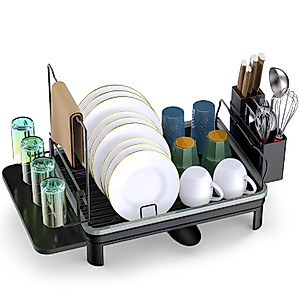 Junyuhomeline Dish Drying Rack, Space-Saving Dish Rack Rustproof Dish Drainers for Kitchen Counter with Drainboard Adjustable Swivel Spout, Utensil Holder and Rack for Cups & Dish Cloth, Black