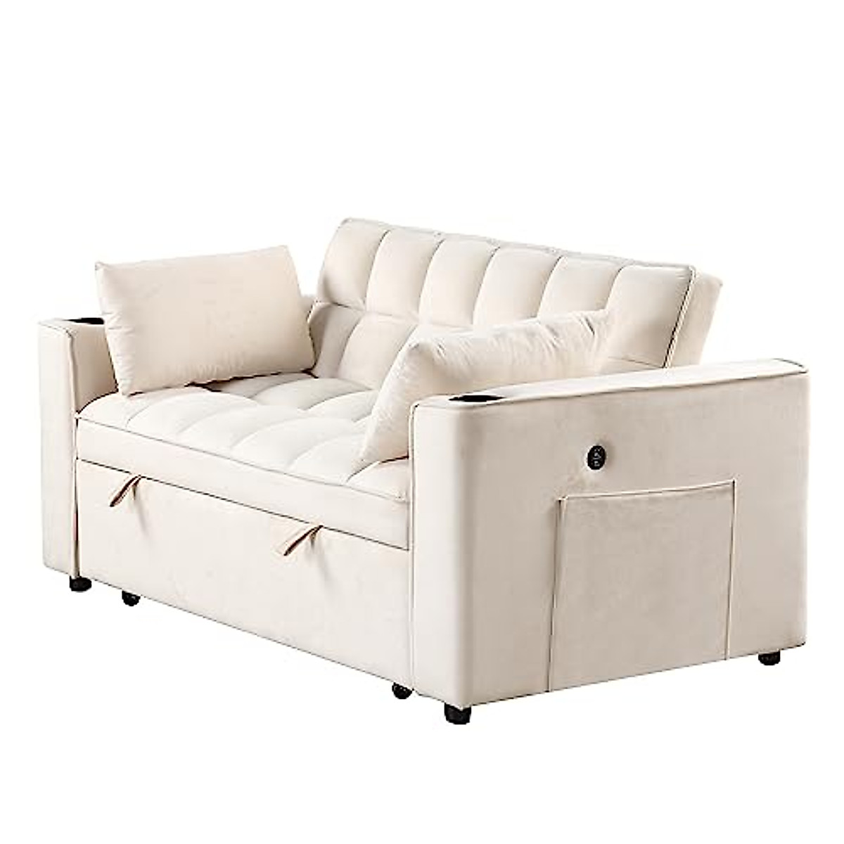 3 in 1 Upholstered Futon Sofa Convertible Twin Sofabed,Foldable Tufted Loveseat with Pull Out Sleeper Couch Bed, Space Saving Love Seat Daybed W/Side Pockets,USB Ports & Cupholders for Living Room