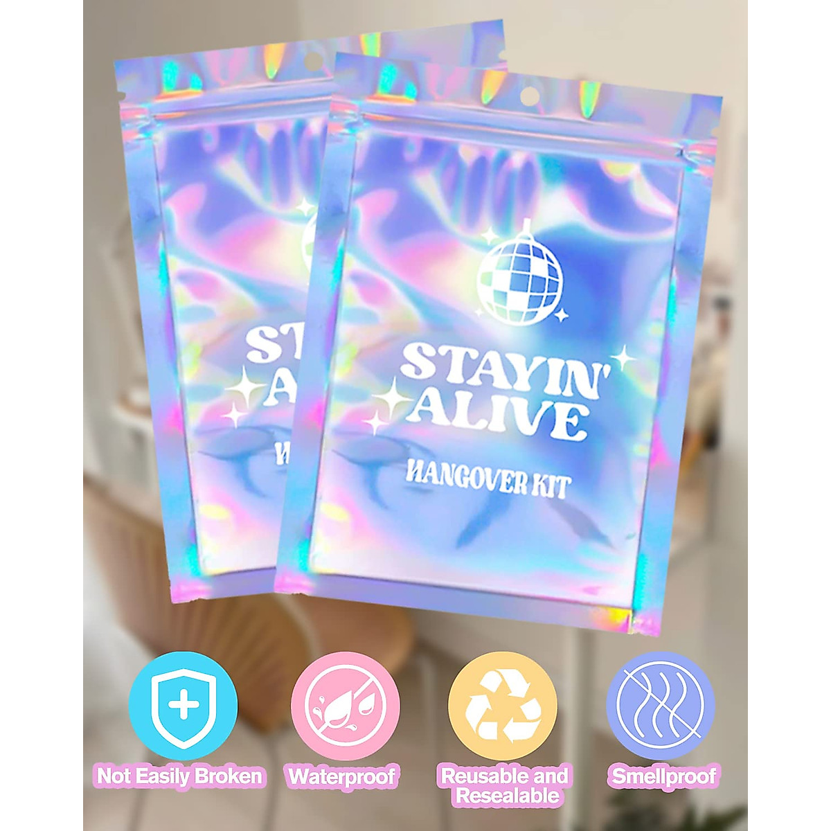 SILFGRLF Stayin' Alive Bachelorette Party Hangover Kits Bags, 50 Pcs Holographic Bags (5"x7") Bachelorette Party Supplies Last Disco Party Favors Printed