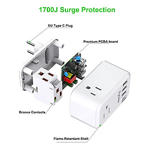 European Travel Plug Adapter, EyGde International Travel Power Adater 3 American Outlets with 1 USB Type C and 3 USB Charger, US to EU Plug Adapter for France, Germany, Greece, Italy, Israel, Spain