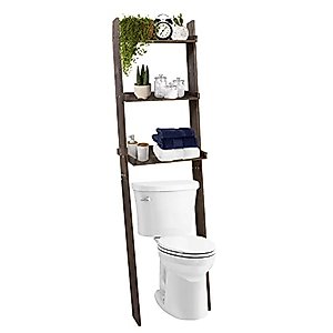 Eelexa Over The Toilet Storage Ladder Shelf 3 Tier Wooden Over Toilet Bathroom Organizer Rack for Small Space, Bathroom, Restroom, 70 Inch Tall, Dark Brown