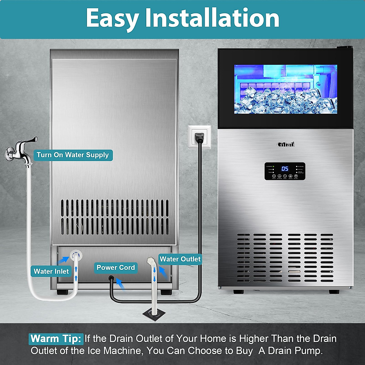 Upgraded Commercial Ice Maker Machine 130LBS/24H with 35LBS Storage Bin,15Inch Wide Ready in 11-20 Mins Under Counter/Freestanding Stainless Steel Gravity Drainage Large Ice Machine