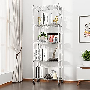 Devo 5-Tier Shelf Shelves for Storage, Wire Shelving Storage Racks, Heavy Duty Shelving, Adjustable Metal Shelf for Garage, Pantry, Kitchen, Side Hooks, Silver(14" D x 24" W x 71" H)