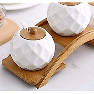 Ceramics Seasoning Box Set Durable 3pcs/Set White Creative Design Condiment Pots with Lid and Spoon for Sugar Coffee Salt Spices and Pepper