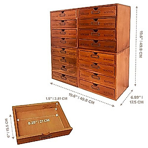 16-Drawer Wooden Storage Box (19.6”x6.89”x19.6”) VIntage Filing Cabinet in Walnut Wood - 16-Slot Wooden Desk Drawer Unit w/Label Holders & Handles - Multi Level Countertop Drawer Organizer
