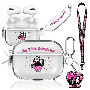 【with Lock】 for Airpods Pro 2/Pro Case, Scream & Ghost AirPods Pro 2nd/1st Generation Case Clear PC Hard Cover + Soft Silicone Inner Double Protection with Charm& Lanyard& Keychain for Women Girls