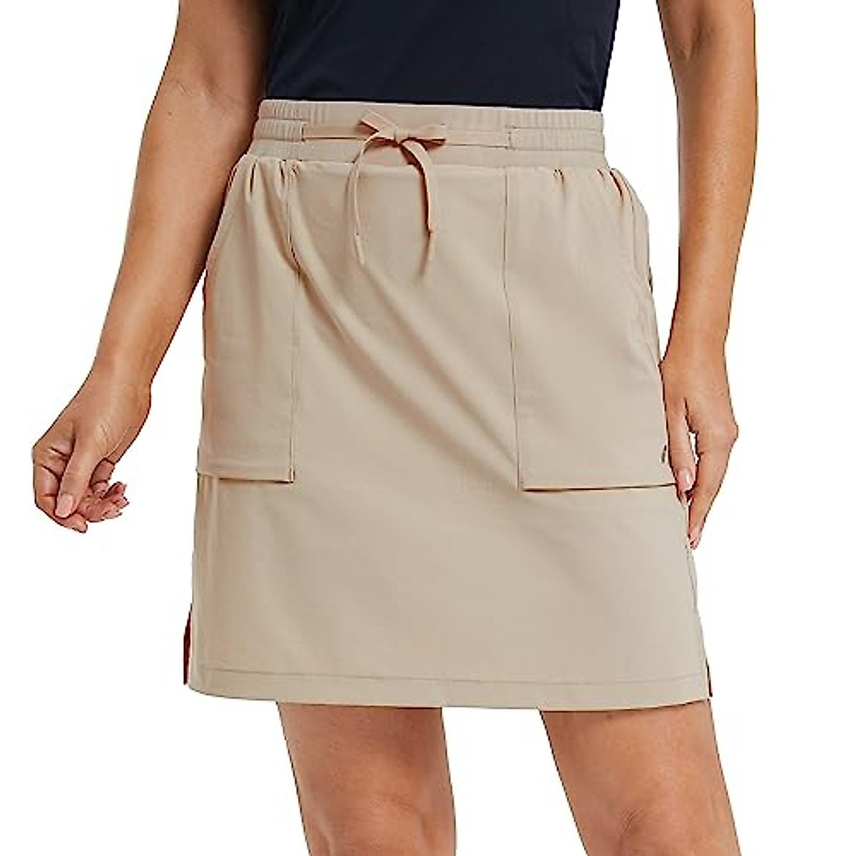 BALEAF Women's Golf Skort 18" Knee Length Skirt with Biker Shorts Pockets Stretch Elastic Waist for Tennis Hiking Khaki Size XL