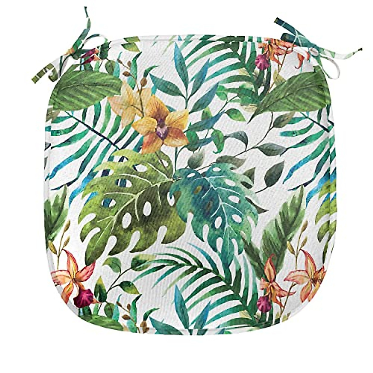 Ambesonne Leaf Chair Seating Cushion Set of 4, Vintage Retro 60s Seem Banana Palm Tree Leaves Flowers Hibiscus, Anti-Slip Seat Padding for Kitchen & Patio, 16"x16", Pale Caramel Burgundy