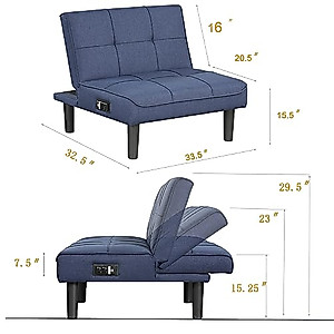 JUBILOOM Comfy Mini Couches, Small Recliner Futon with Adjustable Backrest (USB Ports), Single Mini Couch Small Space, Recliner Chairs for Living Room, Bedroom, Home, Blue, 1Pack, 306BL1USB