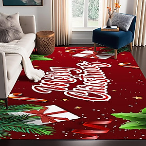 FUYEUN 5' X 7' Christmas Rug Merry Xmas Door Mat Non-Slip Indoor Outdoor Front Door Doormat Living Room Bedroom Entrance Rug Happy Xmas Home Festive Decoration