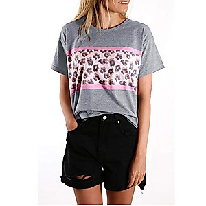 Bravetoshop Women Summer T Shirts Short Sleeve Crewneck Basic Tees Leopard Patchwork Casual Blouse Tops (Gray,S)
