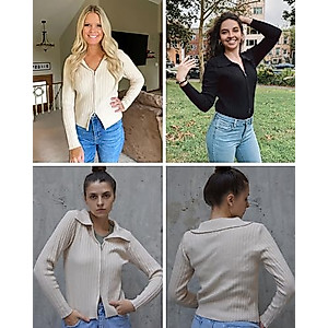 ZAFUL Women's Zip Up Sweater Long Sleeve Polo V Neck Ribbed Knit Slim Cropped Sweater Pullover Jumper Tops (0-Black, M)