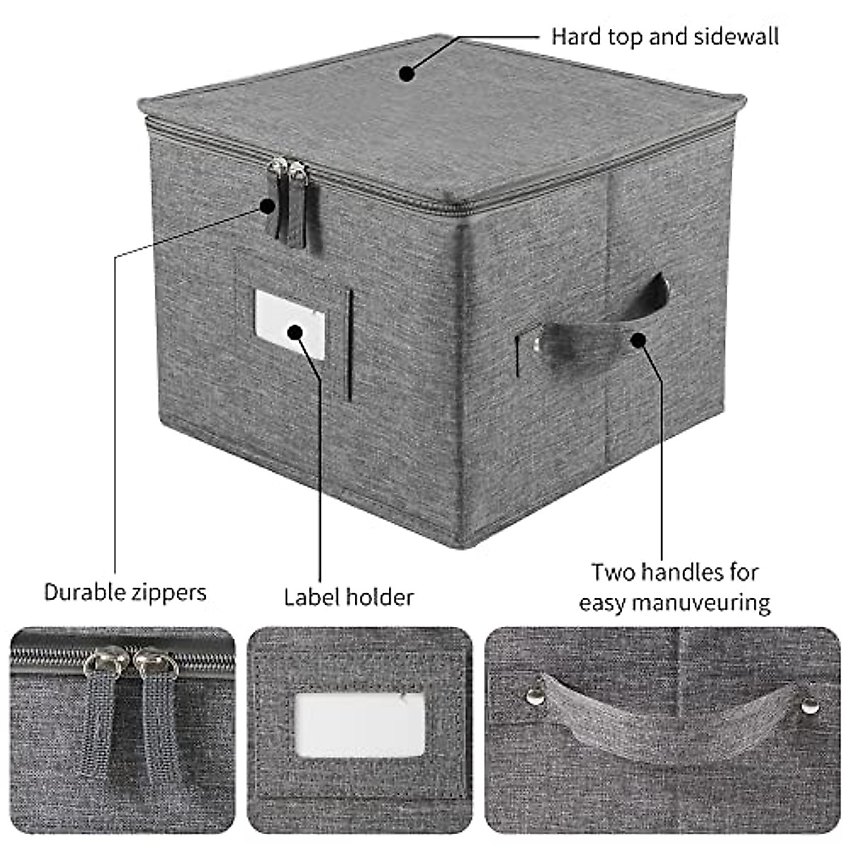 popoly China Storage Containers Inside 12" W x 8" H, Dinnerware Storage Box for Dishes Plate Storage with 24 Felt Dividers, Hold 24 Plates, Hard Shell and Stackable (2 Pack Grey)