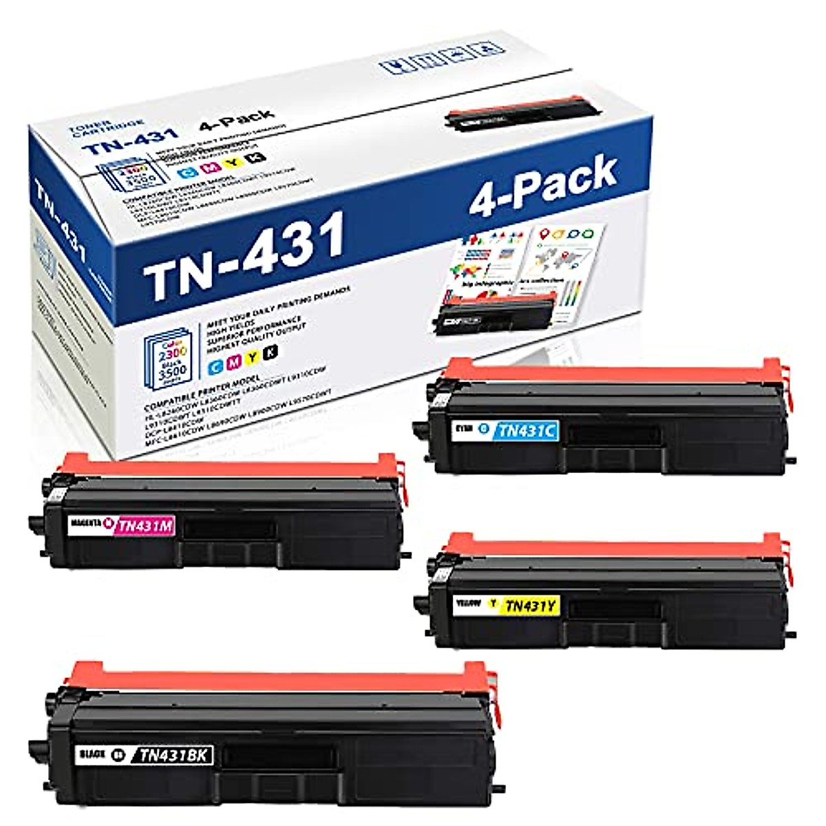 MaxColor TN431BK,TN431C,TN431M,TN431Y 4PK(1BK+1C+1M+1Y) Compatible TN431 TN-431 Toner Cartridge Replacement for Brother DCP-L8410CDW MFC-L8610CDW L8690CDW L8900CDW L9570CDWT L9570CDW Printer