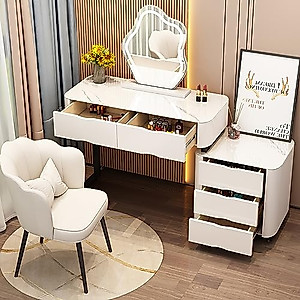 Vanity Desk, Vanity Table Made of Solid Wood, Features Modern Sintered Marble Top, Rotatable/Removable Touch Screen HD Mirror(3-Brigntness), Vanity Set with Chair (47.2IN/120CM)