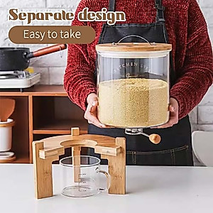 Rice Oatmeal Dispenser Storage Container - Flour and Cereal Glass Food Storge Container with Airtight Lid Wooden Stand & Measuring Cup for Kitchen Organization (5L)