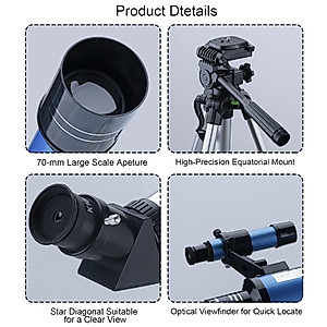 Vanstarry Telescope, 70mm Aperture 400mm AZ Mount Astronomical Refractor Telescopes for Kids Astronomy Beginners, Adjustable Portable Travel Telescopes with Backpack