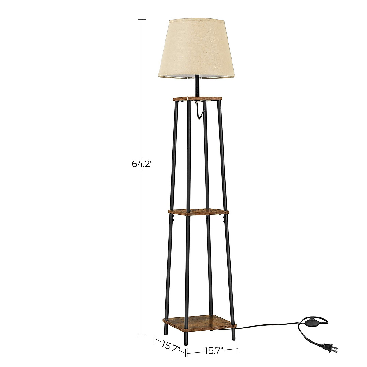 VASAGLE Floor Lamp with Shelves, Standing Reading Lamp with Lamp Shade, for Living Room, Bedroom, Bulb Not Included, Rustic Brown and Black ULFL012B01