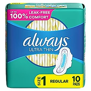 Always Ultra Thin Pads Size 1 Regular Absorbency Unscented with Wings, 10 Count, Packaging may vary
