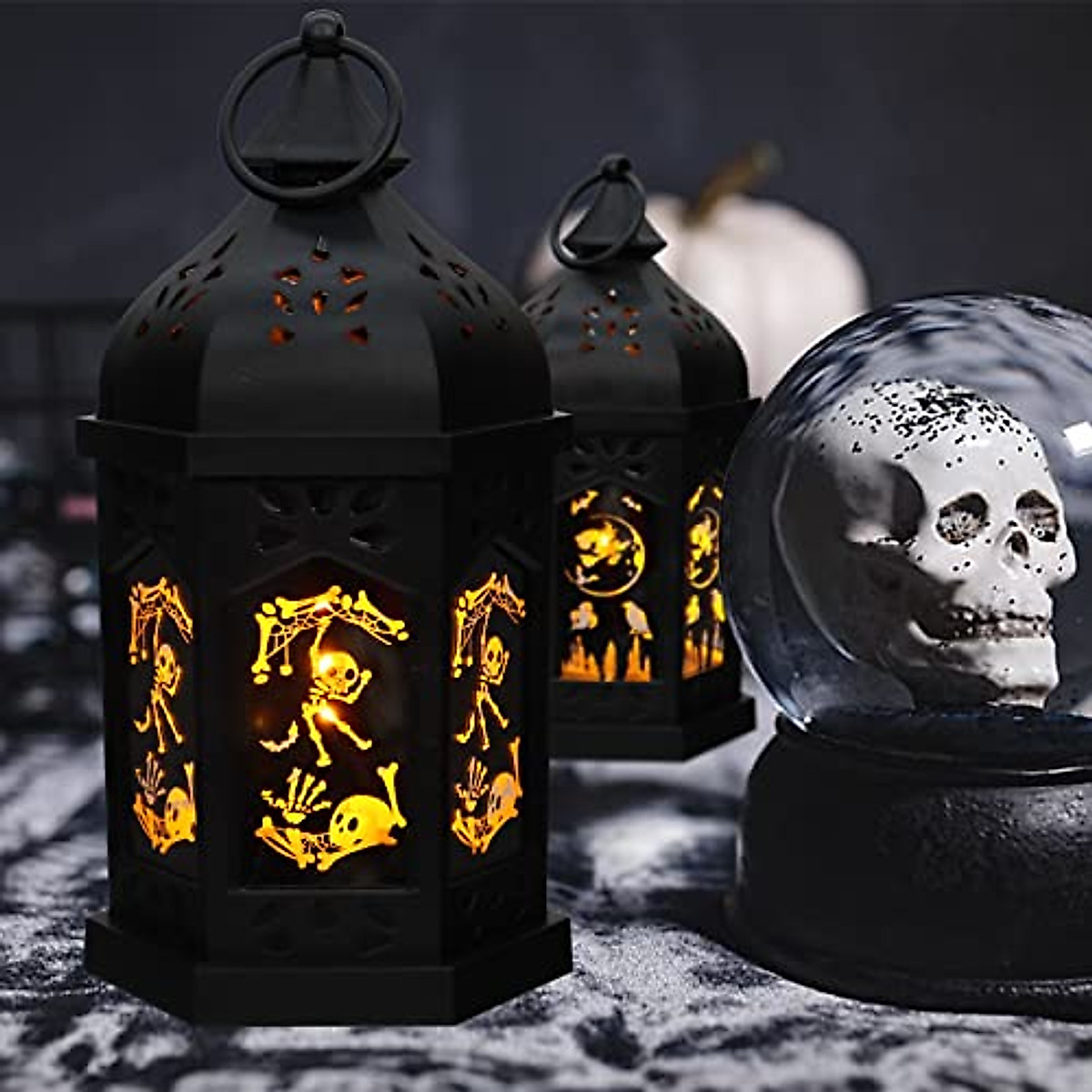 Reperla Festive Lanterns, 7.8" Halloween Decorations Lights with Patterns,Black Flame Effect LED Candle Lantern Kids Gifts for Home,Table,Tree,Activities,Party,Porch (Set of 2)